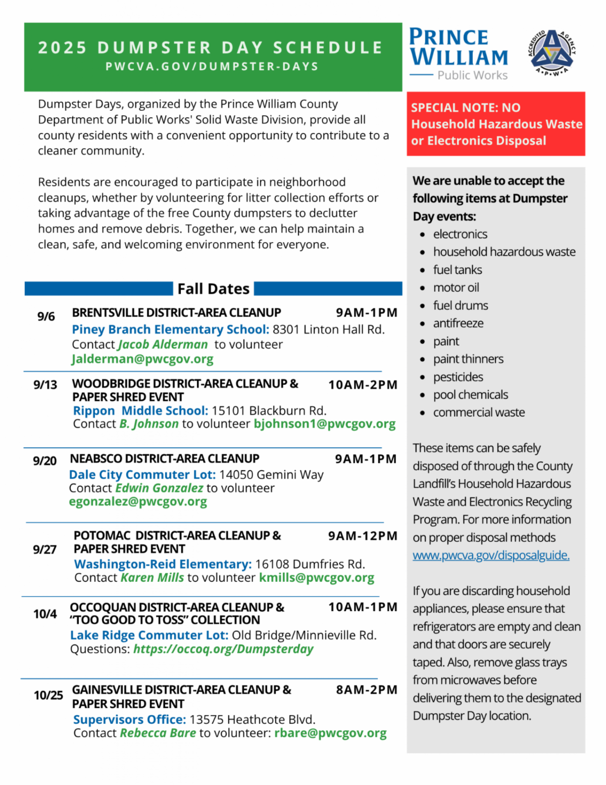 Dumpster Day Schedule Fall 2025 | Prince William Living